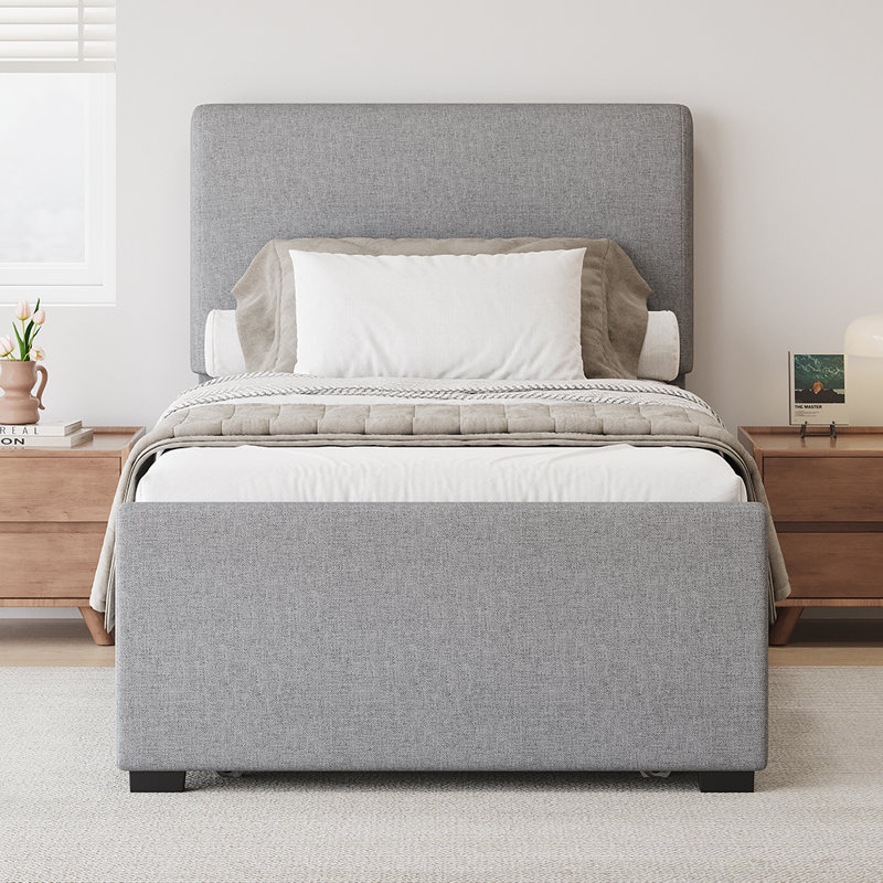 17 Stories Linen Fabric Upholstered Platform Bed with Trundle Bed and Soft Padded Adjustable Headboard Wayfair